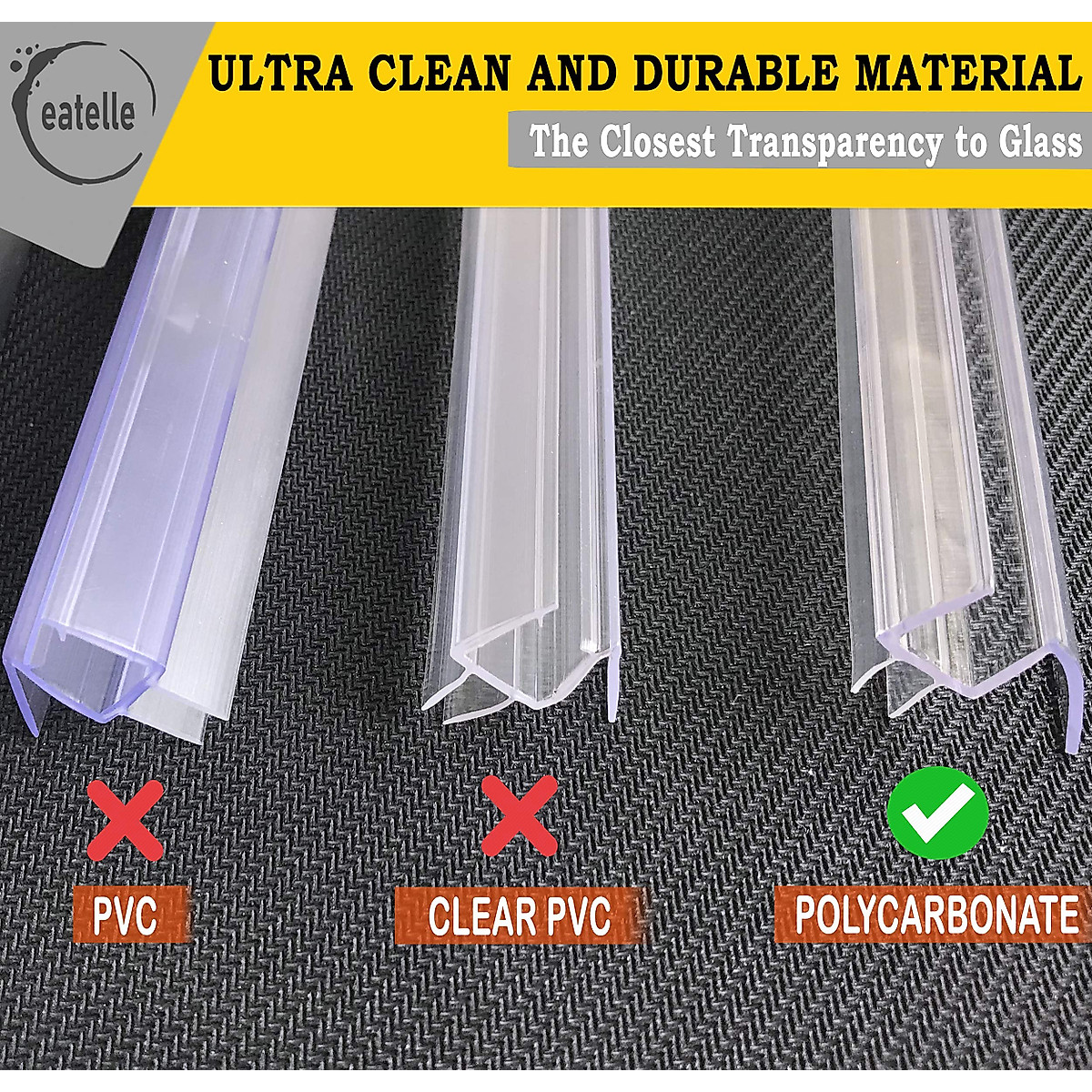 eatelle Frameless Shower Door Bottom Seal with Drip Rail - 3/16" (5mm) Thick Glass, 36" Long Sweep - Ultra Clear Polycarbonate