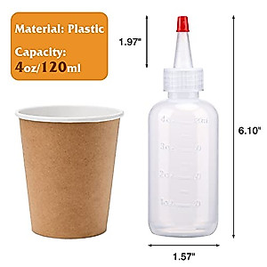 CUCUMI 16pcs 4oz Plastic Squeeze Bottles, with Red Tip Caps and Measurement, with Extra 1 Funnel, 18 Kraft Paper Stickers and 1 Brush for Crafts, Art, Glue, Kitchen Condiments