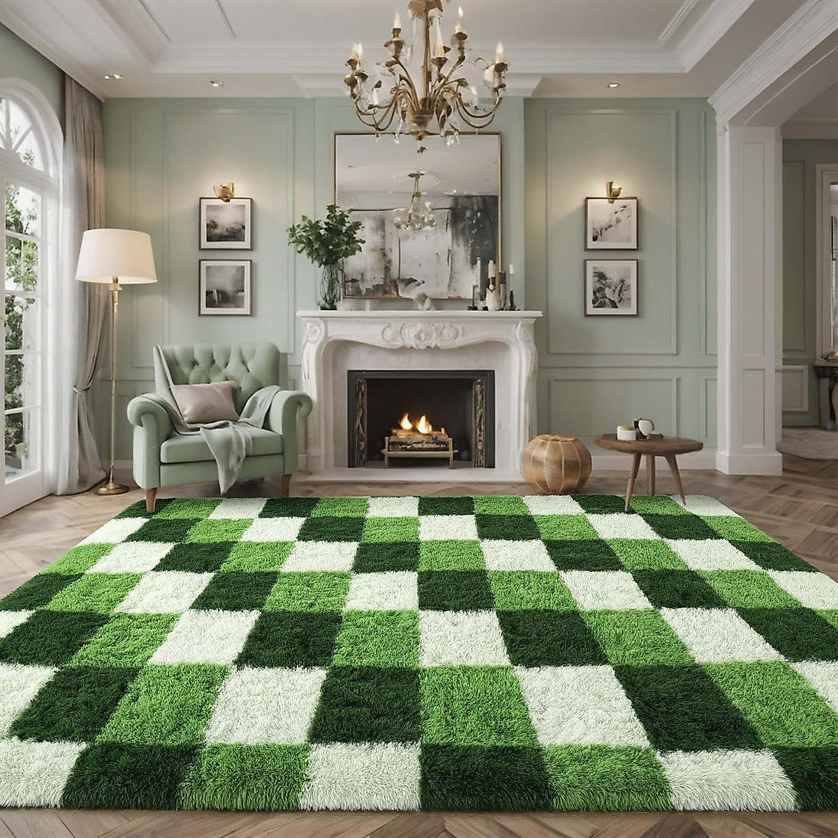 Larhom Modern Checkerboard Rug for Living Room Bedroom, 4x6 Ft Green Checkered Fluffy Carpet, Thickened Memory-Foam Area Rug for Kids Nursery Dorm, Home Decor, Anti-Slip and Easy to Clean