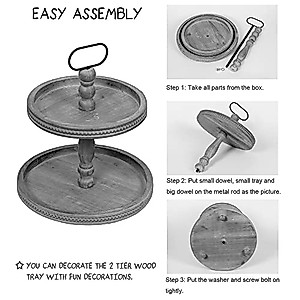 Carah&Cossh Distressed White Wood Two-Tier Tray with Metal Handle, Two Tier Stand with Beads，Farmhouse 2 Tier Serving Tray for Coffee Bar, Kitchen Counter, Dining Room Table(White)