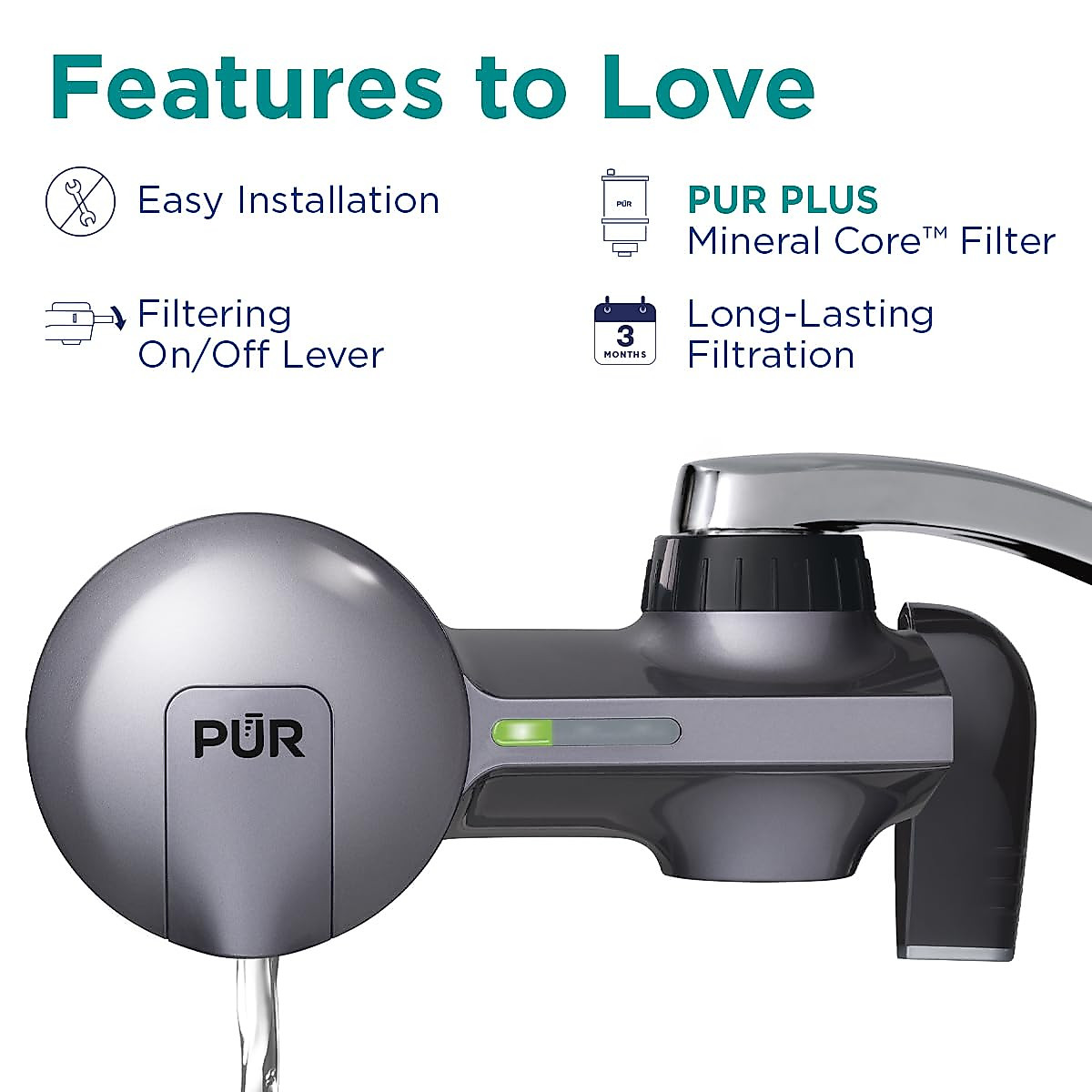 PUR PLUS Faucet Mount Water Filtration System, 3-in-1 Powerful, Natural Mineral Filtration with Lead Reduction, Horizontal, Metallic Grey, PFM350V