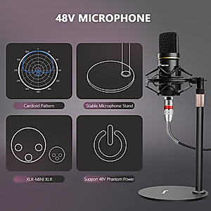 Podcast Equipment Bundle, Audio Interface DJ Mixer Podcast Microphone 48V Phantom Power Supply for Streaming Recording,Tiktok,Black