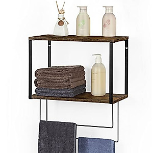 ETELI Bathroom Wall Shelf 2 Tier Towel Rack with Shelf Wall Mount Wood Storage Rack with Towel Bar, Brown