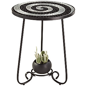 Teal Island Designs Spiral Modern Black Metal Round Outdoor Accent Side Table 17 3/4" Wide Black White Mosaic Tile Tabletop Gracefully Curved Legs for Spaces Porch Patio Home House Balcony Deck