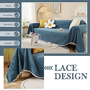 HANDONTIME Blue Sectional Couch Covers Easy Fitted Sofa Covers for 3 Cushion Couch Universal Chenille Sofa Cover Durable Furniture Protector with Floral Lace Bottom for Kids Dogs Pets, 71" X150"