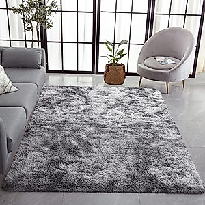 Vocrite Fluffy Rug for Bedroom, Gray 4'x6' Furry Shag Area Carpets, Anti-Slip Plush Shaggy Fur Throw Rugs for Kids Girls Nursery Dorm Living Room Classroom Home Decor,Tie Dyed Light Grey