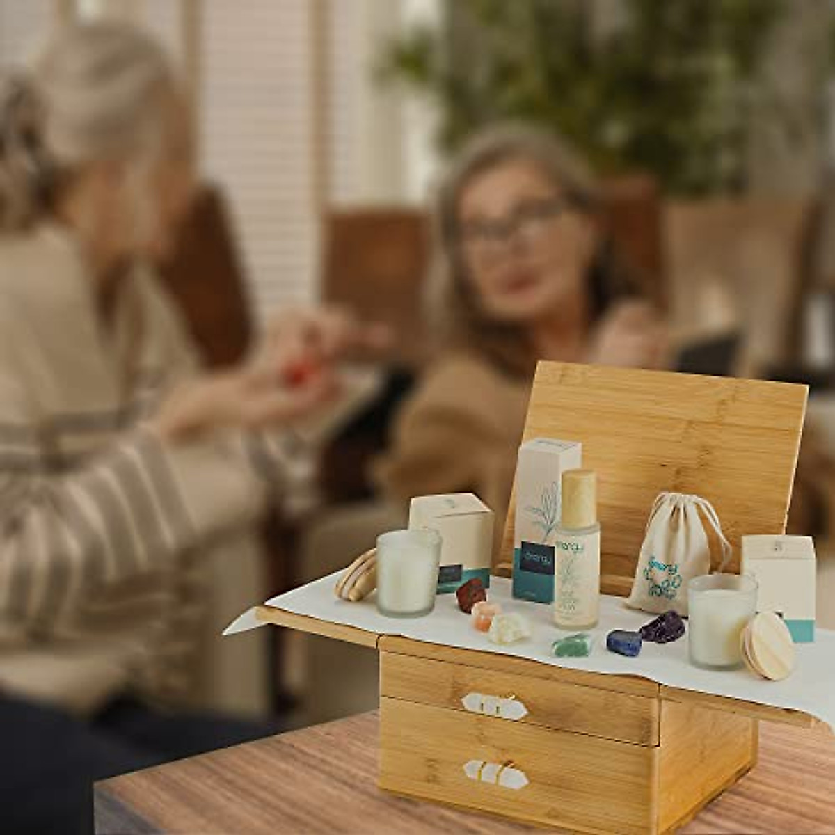 Energy Mindfulness Altar Starter Kit with Altar Cloth, Sage Spray, 2 Soy Wax Candles, 7 Chakra Healing Crystals - Bamboo Wooden Box with Fold-Out Table Top & Drawers with Quartz Crystal Handles