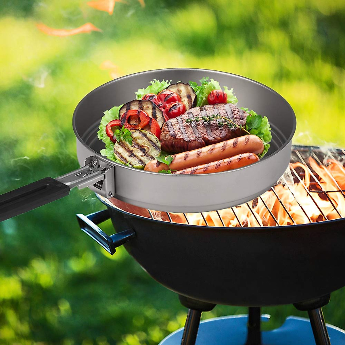 fangzi Frying pan, 1100ml Titanium Fry Pan Ultralight Grill Frying Pan with Folding Handle for Outdoor Cooking Camping Hiking Backpacking