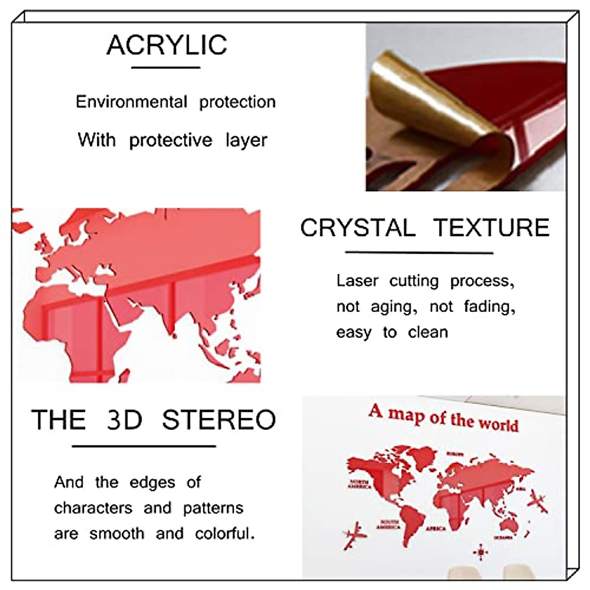 WINDIR 3D World Map Wall Stickers Decor Murals DIY Decal Silver 71x40 inch, Acrylic Office Wall Art Decor Bedroom Living Room TV Wall (Silver: 180x100 cm)