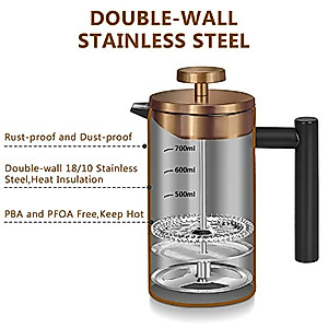 WORBIC French Press Coffee Maker, 34 Ounce Double-Wall Insulated Stainless Steel, 3 Level Filtration System with 3 Extra Filter Screens, French Press for Home and Office, Black