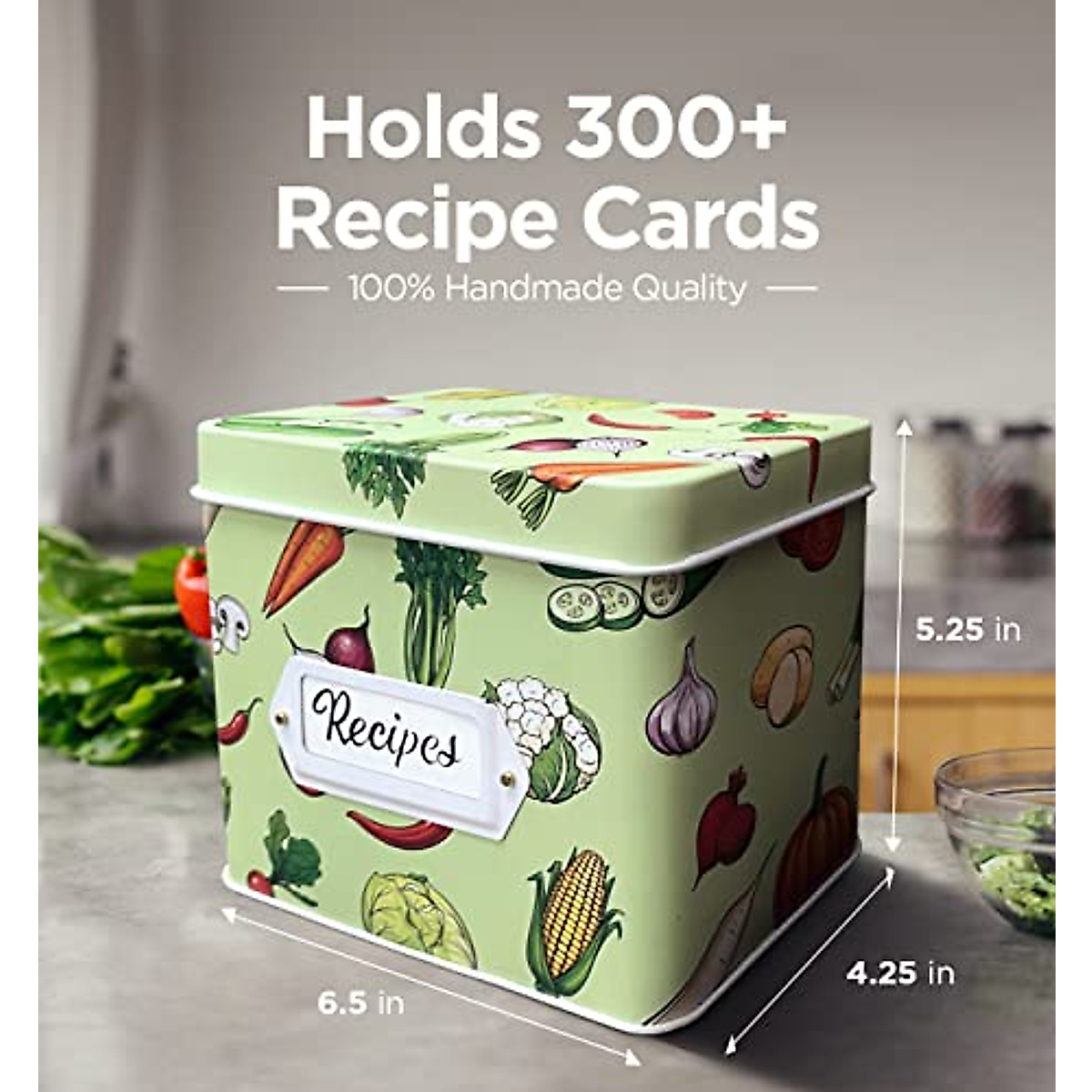 Complete Kitchen Recipe Box Set with 36 Cards, 12 Dividers & Wooden Card Holder | Recipe Card Organizer, Decorative Metal Recipe Tin Set for 4x6 Cards
