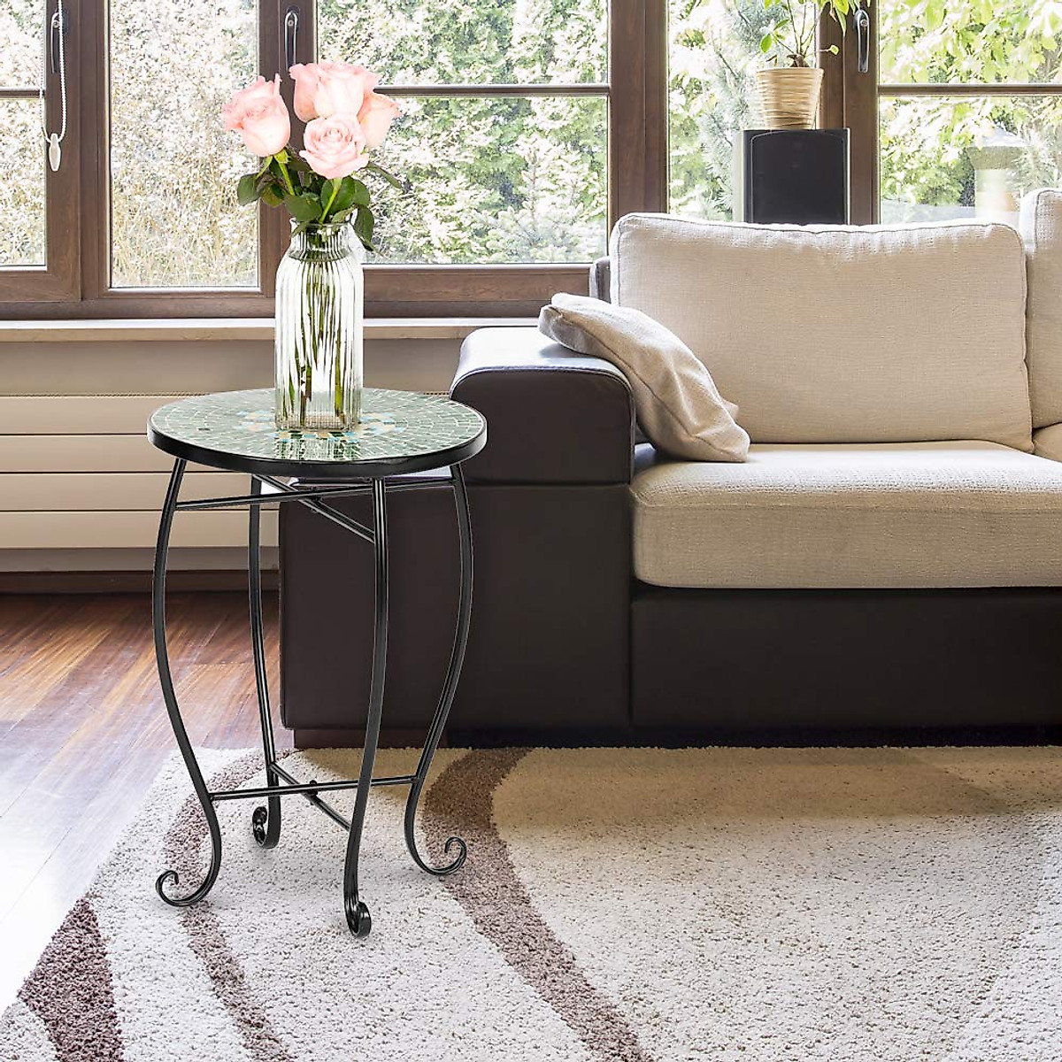 Outdoor Side Table, Metal Coffee End Table, Mosaic Accent Table, Small Terrace Bistro Table, Plant Stand for Patio Porch Beach Balcony, Glass Top & Black Iron, 14 Inch (Green Flowers)