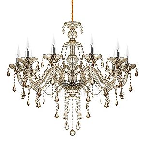 Ridgeyard 10-Light Crystal Chandelier Cognac/Champagne Modern Chandelier K9 Crystal Candle Pendant Ceiling Lighting Fixture, Chandeliers for Dining Room Home Decor