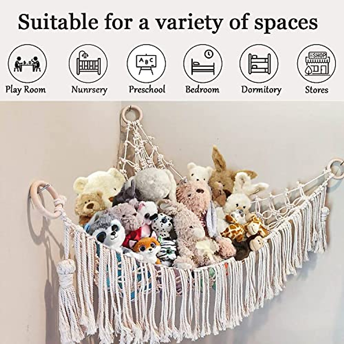 Roury Stuffed Animal Toy Hammock Macrame with Light, Corner Toy Corner Hammock Organizer Display Holder Net for Hanging Stuff Animals