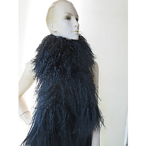 XUYUZUAU Real Mongolian Lamb Hair Scarf Wool Wraps Black Overlength Warm Black