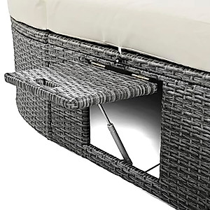 EOVTK Outdoor Rattan Daybed, Multifunctional 2-Person Sun Bed with Cushions and Pillows, Wicker Reclining Chaise Lounge with Adjustable Backrests and Foldable Cup Trays for Lawn, Poolside, Beige
