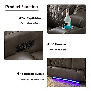 TRIPLE TREE Power Motion Recliner with Ambient Lighting, USB Charge Port, 360° Swivel Tray Table, Hand in-Arm Storage, 2 Convenient Cup Holders, Gaming Recliner Chair Home Theater Seating, Grey