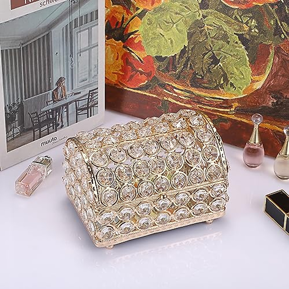 Hipiwe Crystal Jewelry Box Large Gold Treasure Chest Box with Lid Mirrored Trinket Organizer Keepsakes Box Earrings Rings Holder Decorative Jewelry Box Christmas Birthday Gift for Women Girls