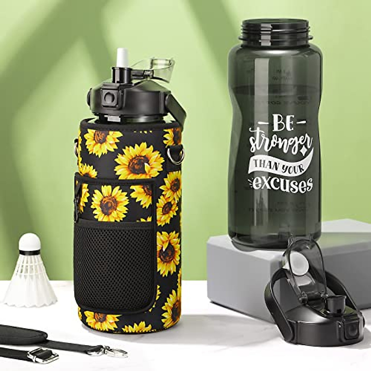 Half Gallon Water Bottle with Storage Sleeve BPA Free 64 OZ Water Bottle with Removable Straw & Time Marker to Drink Leakproof Reusable Gym Sport Water Jug Motivational Workout Water Bottle Women Men