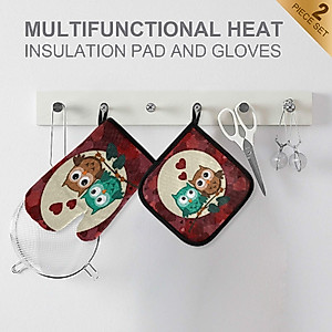Valentines Day Owls Oven Mitts and Pot Holders Sets Red Mothers Day Heat Resistant Hot Pads Cooking Gloves Handling Kitchen Cookware Bakeware BBQ