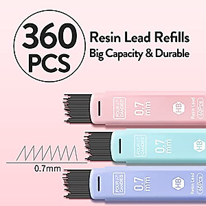 Four Candies Pastel Mechanical Pencil Set - 3PCS 0.7mm Mechanical Pencils with 360PCS HB Lead Refills, 3PCS Erasers and 9PCS Eraser Refills, Cute Colored Mechanical Pencils for Drawing & Writing