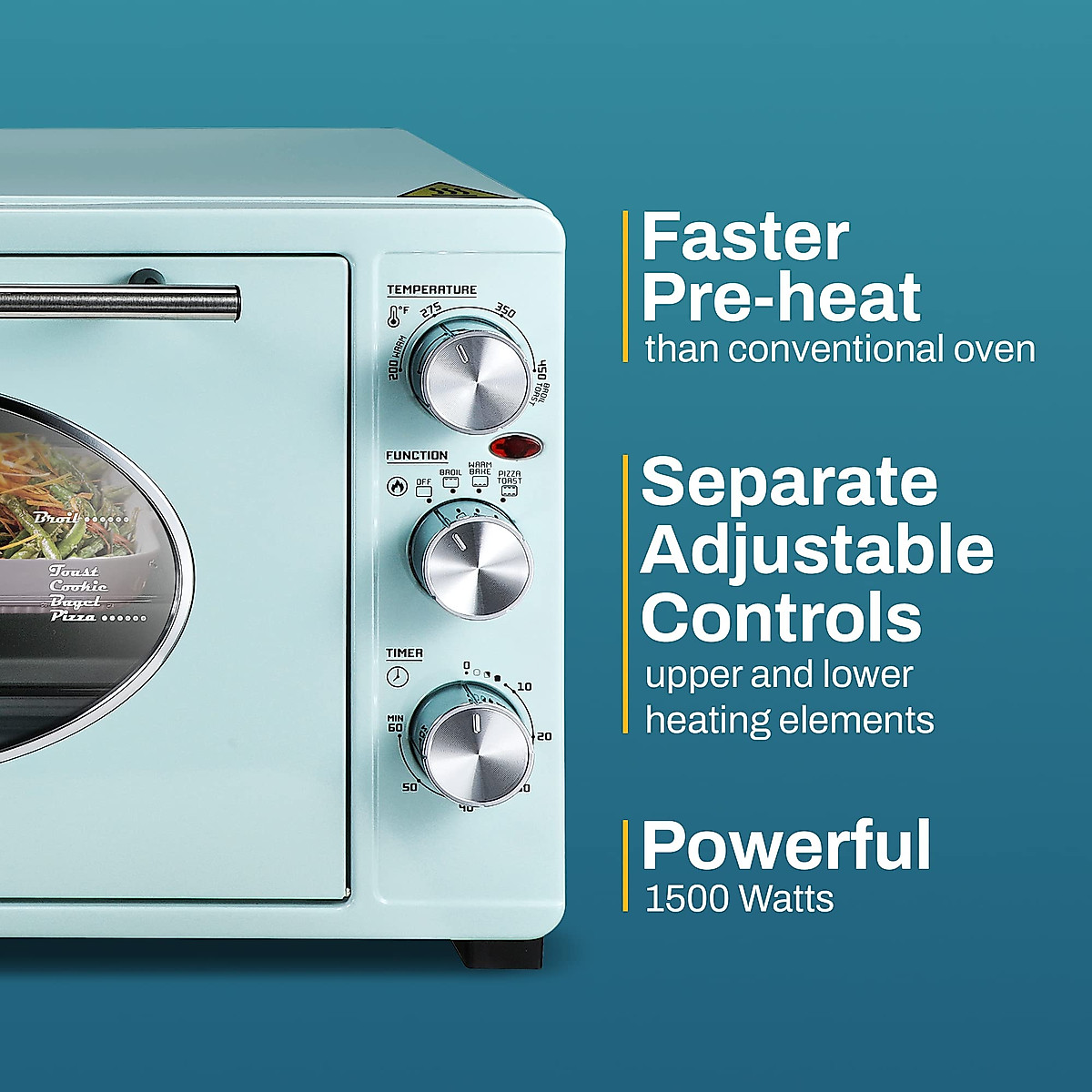 Elite Gourmet Americana by Elite ETO3300M Vintage 50’s Diner Retro Countertop Toaster oven, Bake, Broil, Toast, Fits 12” Pizza, Temperature Control & Adjustable 60-Minute Timer 1500W, 8-slice, Mint