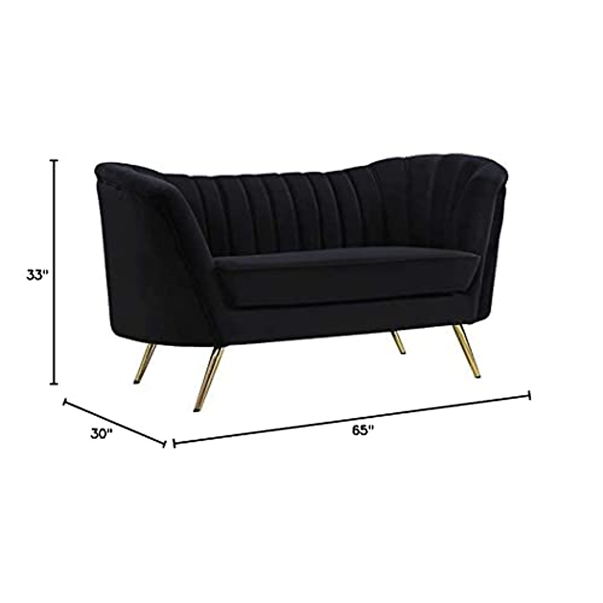 Meridian Furniture Margo Collection Modern | Contemporary Velvet Upholstered Loveseat with Deep Channel Tufting and Rich Gold Stainless Steel Legs, Black, 65" W x 30" D x 33" H