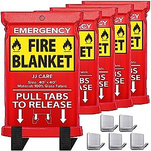 JJ Care Fire Blanket – 5 Packs with Hooks – Emergency Fire Blanket for Home & Kitchen, High Heat Resistant Fire Suppression Blankets for Home Safety, Kitchen, and Camping
