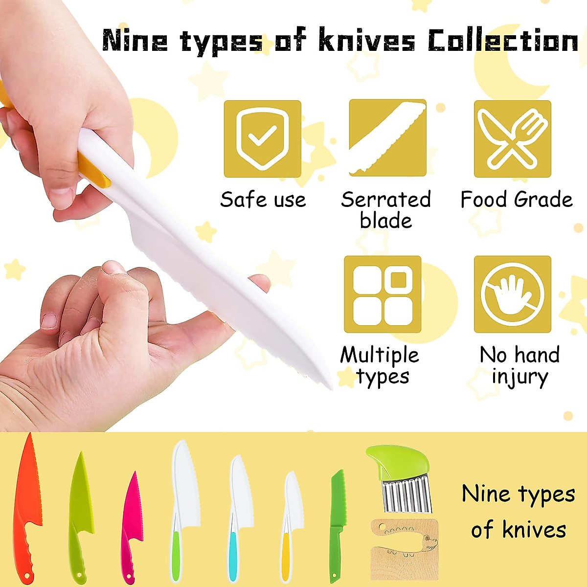 28 Pcs Plastic Toy Kitchen Tools Sets for Kids - Safe Knives Set with Cutting Board,Crinkle Serrated Edges/Wooden Cutter, Fruit Vegetable Mold/Peeler, Kids Knifes for Cooking with Protective Clothing