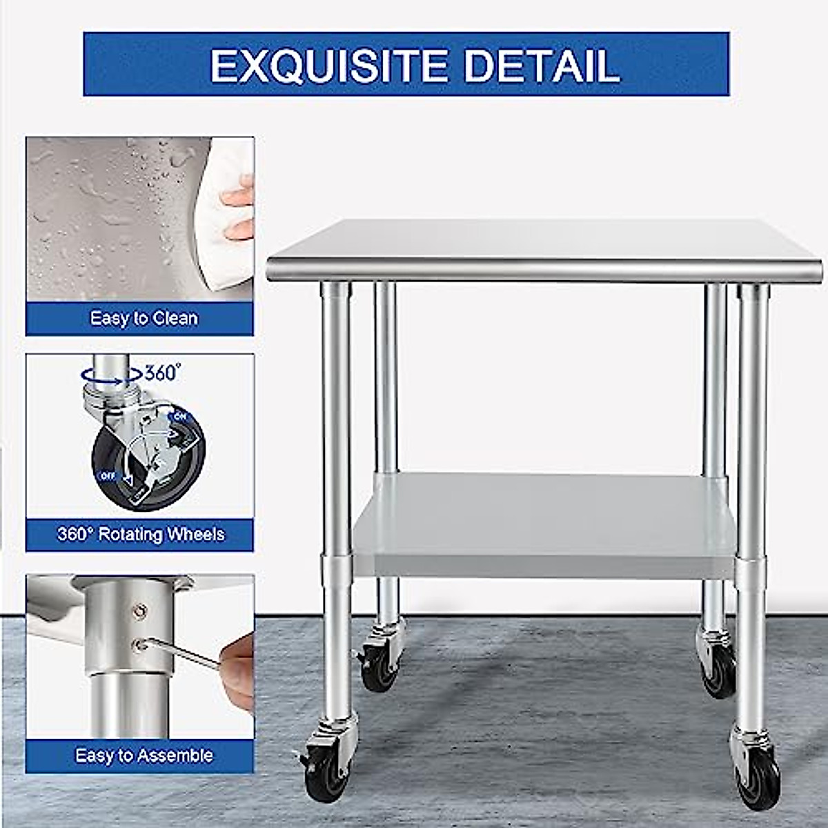 HARDURA Stainless Steel Table with Wheels 24 x 36 Inches Casters NSF Heavy Duty Commercial Work & Prep Table with Undershelf and Galvanized Legs for Restaurant Kitchen Bar and Hotel Garage