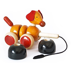 Handmade Wooden Bead & Pull Toy Dog Made Using Natural Colors for Toddlers 3 Years Old and up, Helps in Early Education and Development | BOVOW by Maya Organic (RED)