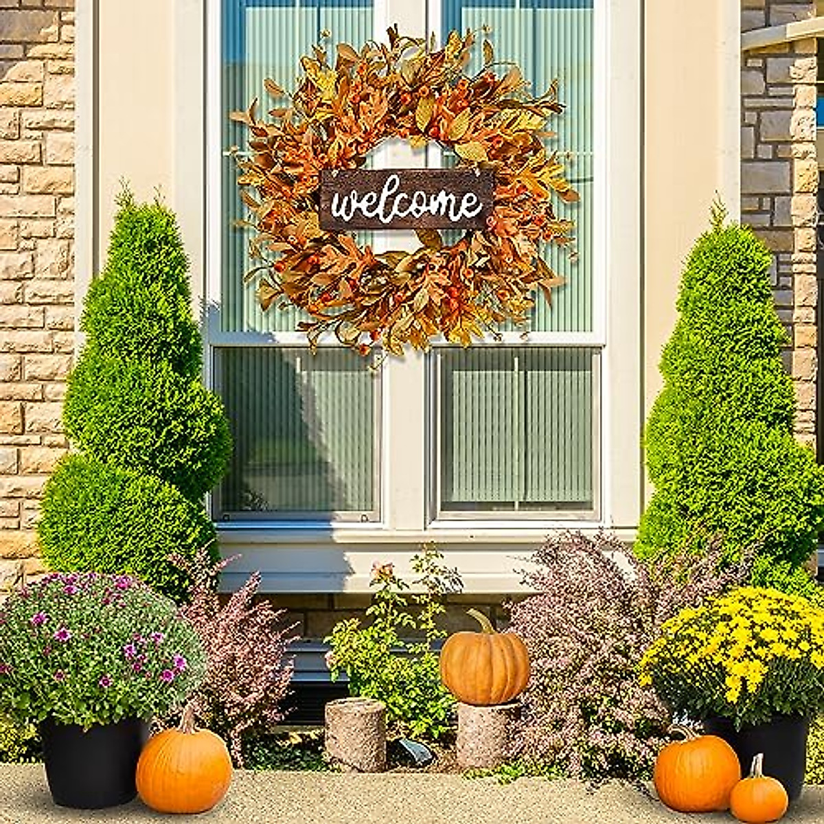 Sggvecsy Artificial Fall Wreath 18’’ Autumn Front Door Wreath Harvest Wreath with Fall Leaves Small Pumpkins Cluster of Berries for Outside Indoor Wall Window Festival Thanksgiving Fall Autumn Decor