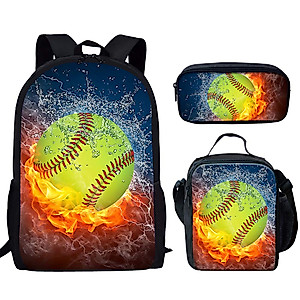 INSTANTARTS Fire Water Softball Ball Backpack Set School Bookbag Book Bag Lunch Box Pencil Case 3 in 1