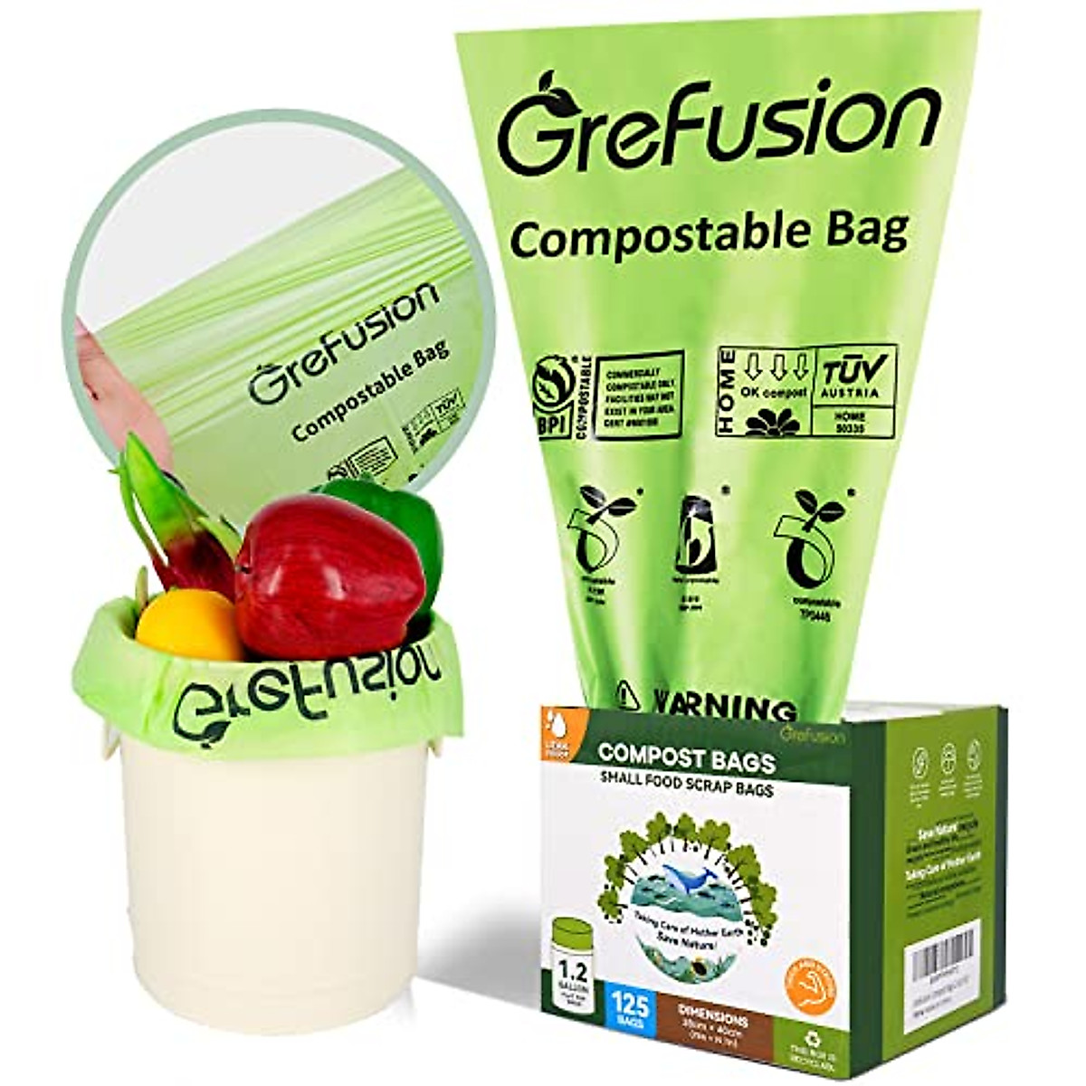 GreFusion Compostable Bags for Kitchen Compost Bin 1.2 Gallon,125 Count,Compost Food Scrap Waste Bags Fits 0.75,1,1.2,1.3 Gallon Countertop Bin,Compost Bags Certified by BPI,ASTM D6400 and OK Compost