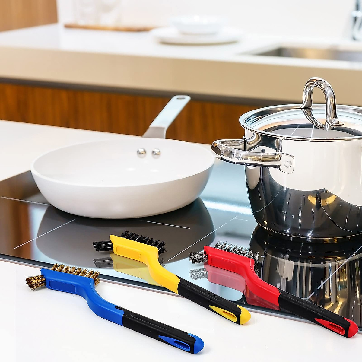 9 Pcs Wire Brush Set Nylon Brass Stainless Steel Bristles with Curved Handle Grip, Wire Cleaning Brush Scratch Brush for Rust Remover Dirt Paint Removal Clean