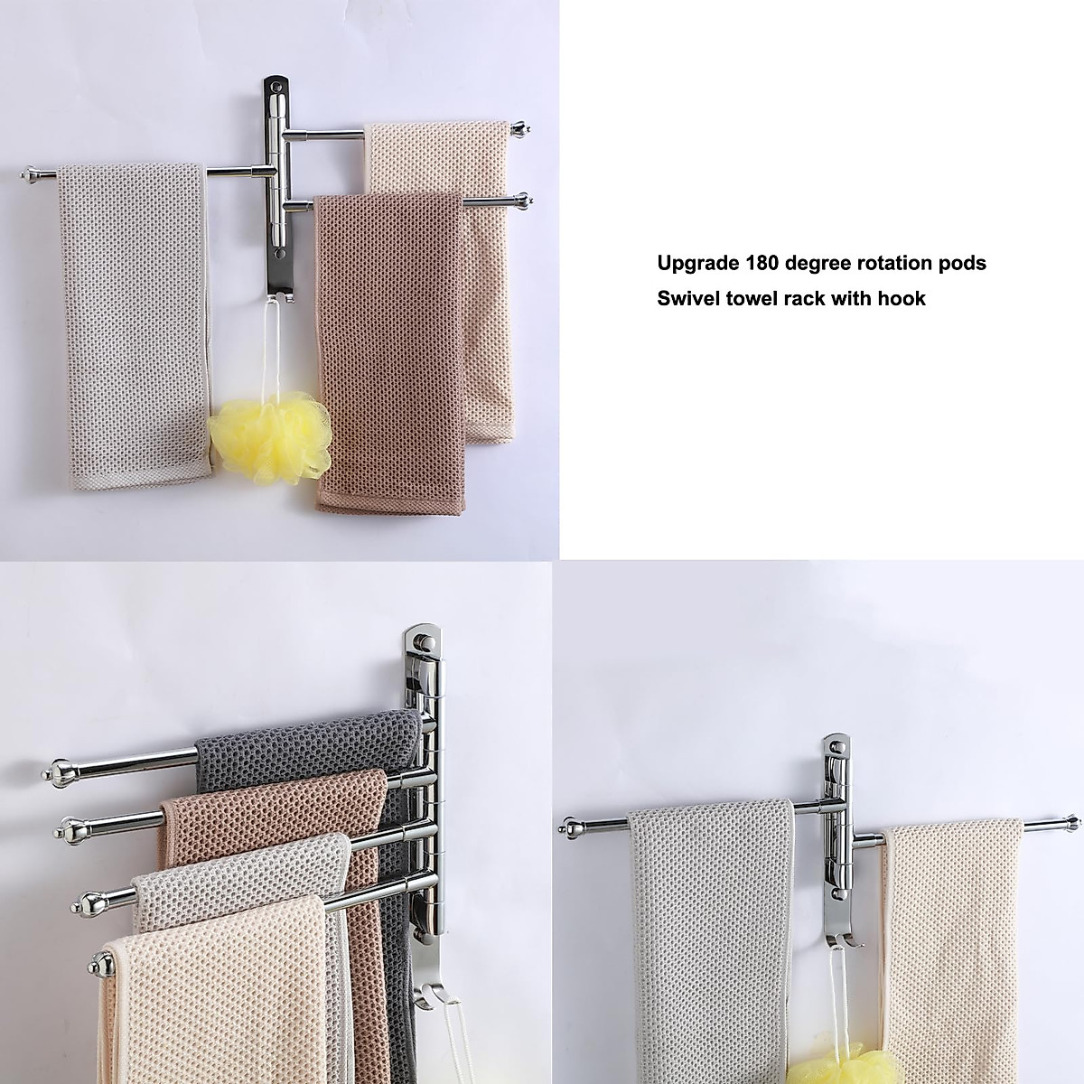 OURVII Bathroom Towel Rack Swivel Hanger Towel Bar Wall Mounted Space Saving Storage Organizer Hanging Holder 12 Inch (Stainless Steel, Bright Silver 4-Arm)