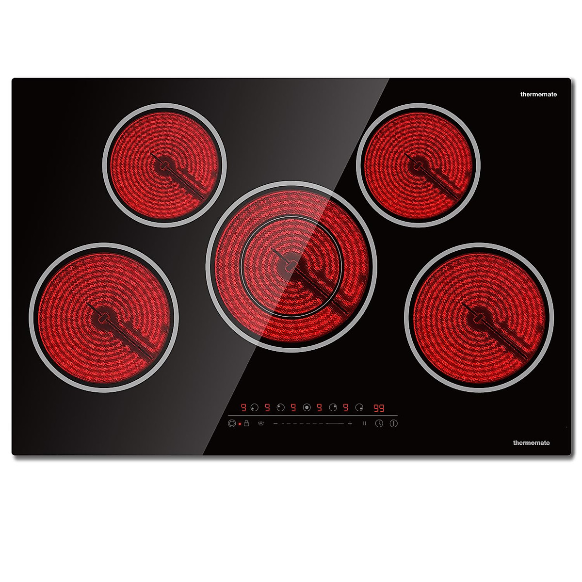 ThermoMate 30 Inch Electric Cooktop 5 Burners, 30" Built in Radiant Electric Stove Top, 8200W Ceramic Cooktop with Touch Control, 9 Heating Level, Chlid Lock & Timer, 220-240V Hard Wire ETL Listed