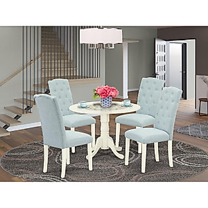 East West Furniture DLCE5-WHI-15 5 Piece Dining Set Includes a Round Dining Room Table with Dropleaf and 4 Baby Blue Linen Fabric Upholstered Chairs, 42x42 Inch, Linen White