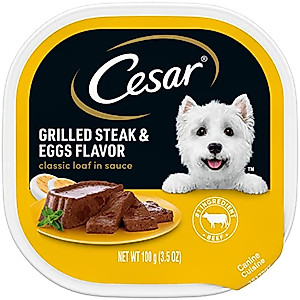 CESAR Soft Wet Dog Food Classic Loaf in Sauce Grilled Steak and Eggs Flavor, Easy Peel Trays, 3.5 Ounce (Pack of 24)