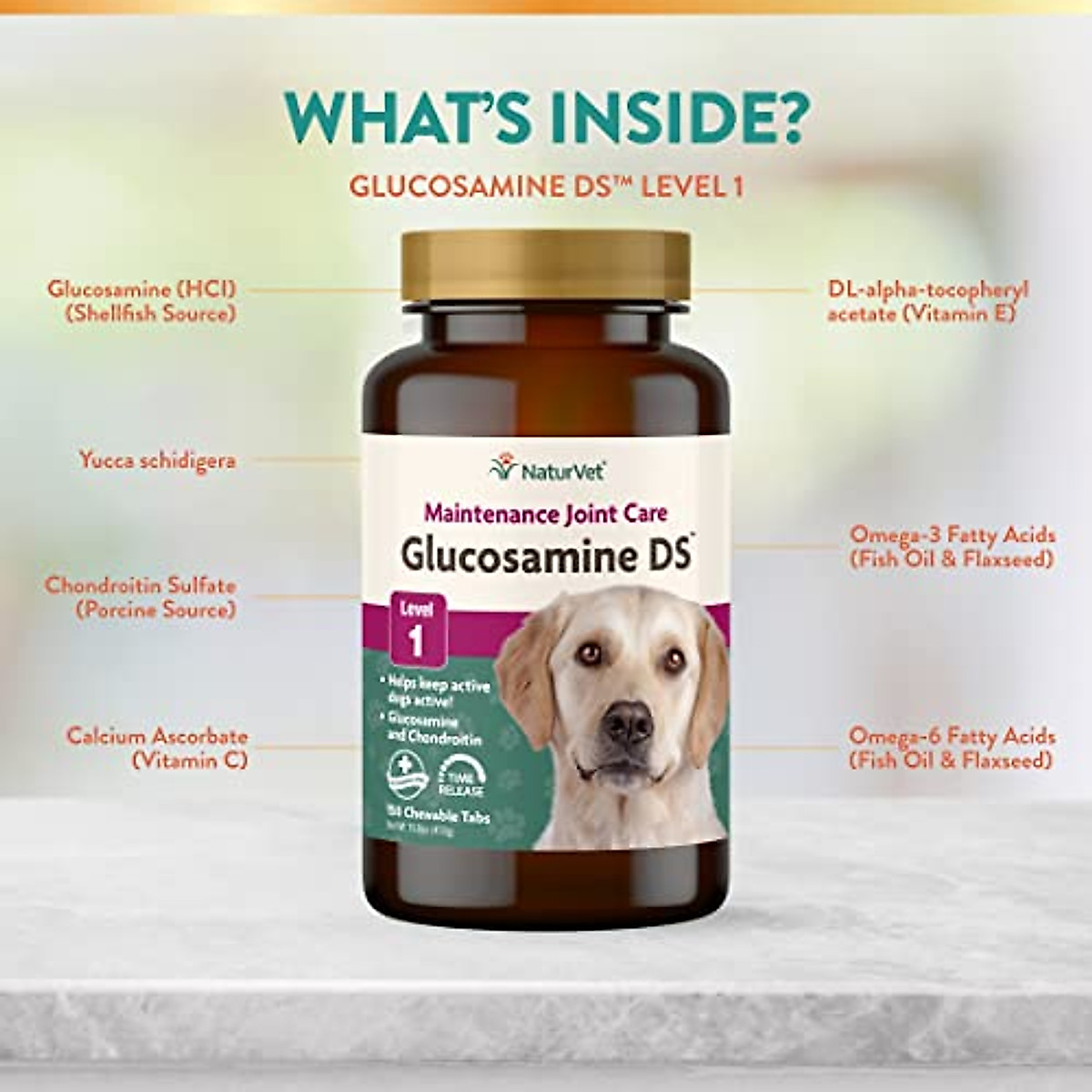 NaturVet Glucosamine DS Level 1 Maintenance Care Hip & Joint Support Pet Supplement for Dogs & Cats –Glucosamine, Chondroitin, Antioxidants –Supports Cartilage, Joint Function – 150 Ct.
