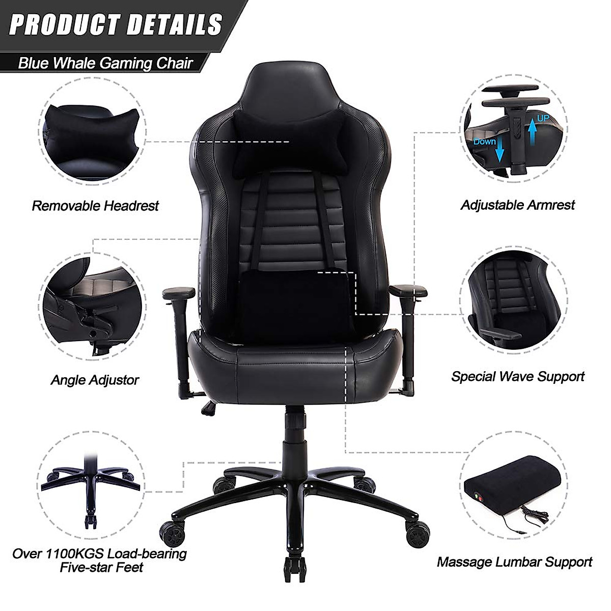 Massage Gaming Chair Big and Tall Gaming Chair - Metal Base High Back Racing Game Chair Computer Chair, Ergonomic Leather Executive Gaming Chair with Headrest and Lumbar Pillow