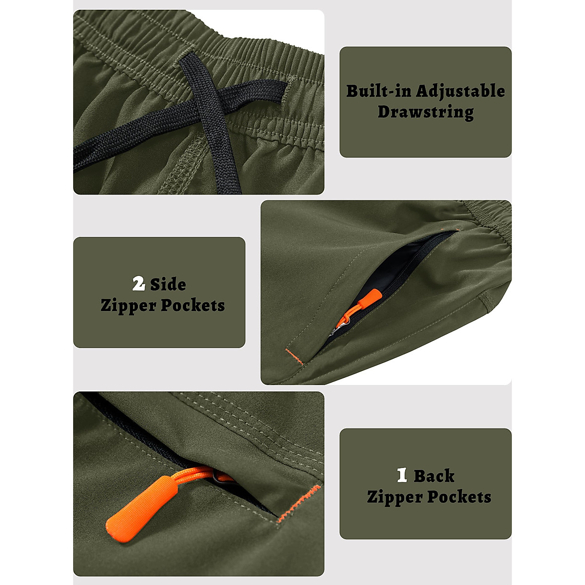 TACVASEN Mens Running Shorts Stretch Drawstring Quick Dry Shorts Workout Gym Summer Shorts with Zipper Pockets Green,32