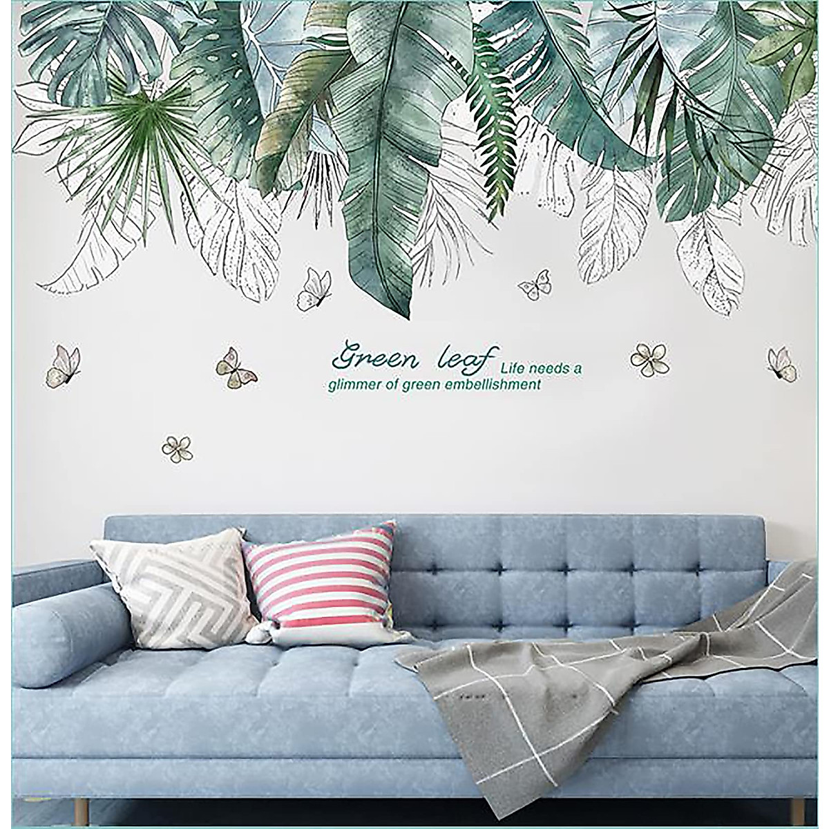 SENGTER Tropical Leaves Wall Decals Removable Jungle Green Palms Tree Plant Wall Stickers for Living Room Kids Room Bedroom Playroom Decor