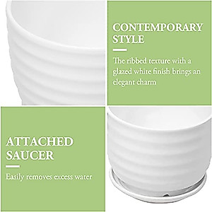 MyGift Modern Ribbed White Ceramic Indoor Plant Pot with Drainage Hole and Attached Saucer, Small Succulent Planter, Set of 3