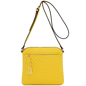 FashionPuzzle Chevron Quilted Medium Crossbody Bag with Tassel Accent (Yellow)