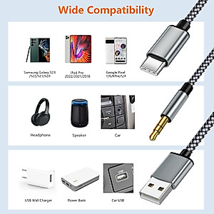 USB C to 3.5mm Aux Cable with Charger, 2 in 1 USB C to 3.5mm Headphone Car Stereo Aux Cable with PD 18W Charging Compatible with iPhone 15/15Pro, Galaxy S24 Ultra/S24/S23/S22/S21/S21FE, Pixel 8/7/6