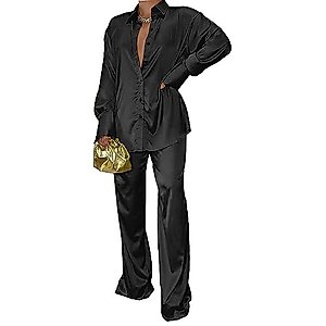 Ekouaer Lounge Set Women's Silk Sleepwear Satin Long Sleeve Pajamas Cool Pjs Set with Pants Black L