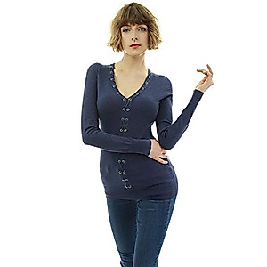 AmélieBoutik Women V Neck Eyelet Trim Long Sleeve Sweater (Dark Heather Blue Medium)