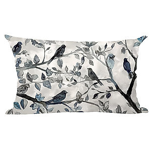 Ramirar Ink Painting Watercolor Blue Grey Lovely Birds Tree Leaves Decorative Lumbar Throw Pillow Cover Case Home Living Room Bed Sofa Car Cotton Linen Rectangular 12 x 20 Inches