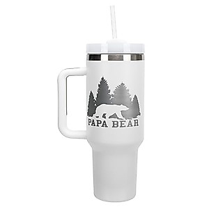 Elanze Designs Papa Bear Forest Trees Dad Grandpa 40 oz. Stainless Steel, Large Water Bottle Coffee Mug, Spill & Leak Resistant, Thermal Travel Tumbler with Handle, Lid & Straw, White